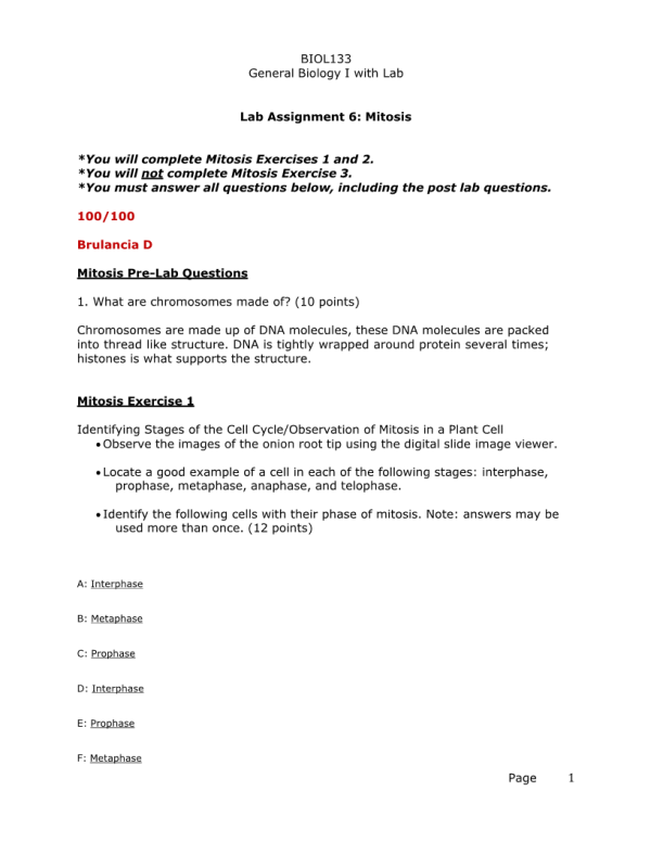 BIOL133 Week 9 Lab Assignment 6 - Mitosis | Course Resources BIOL133 Week 9 Lab Assignment 6 - Mitosis | Course Resources